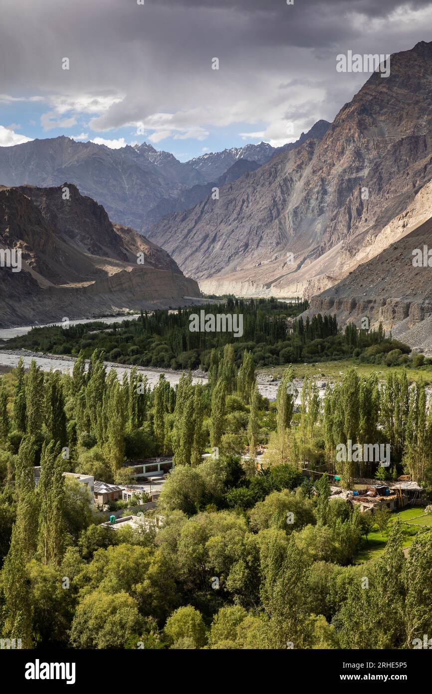India, Ladakh, Nubra Valley, Turtuk, Shyok River valley looking towards ...