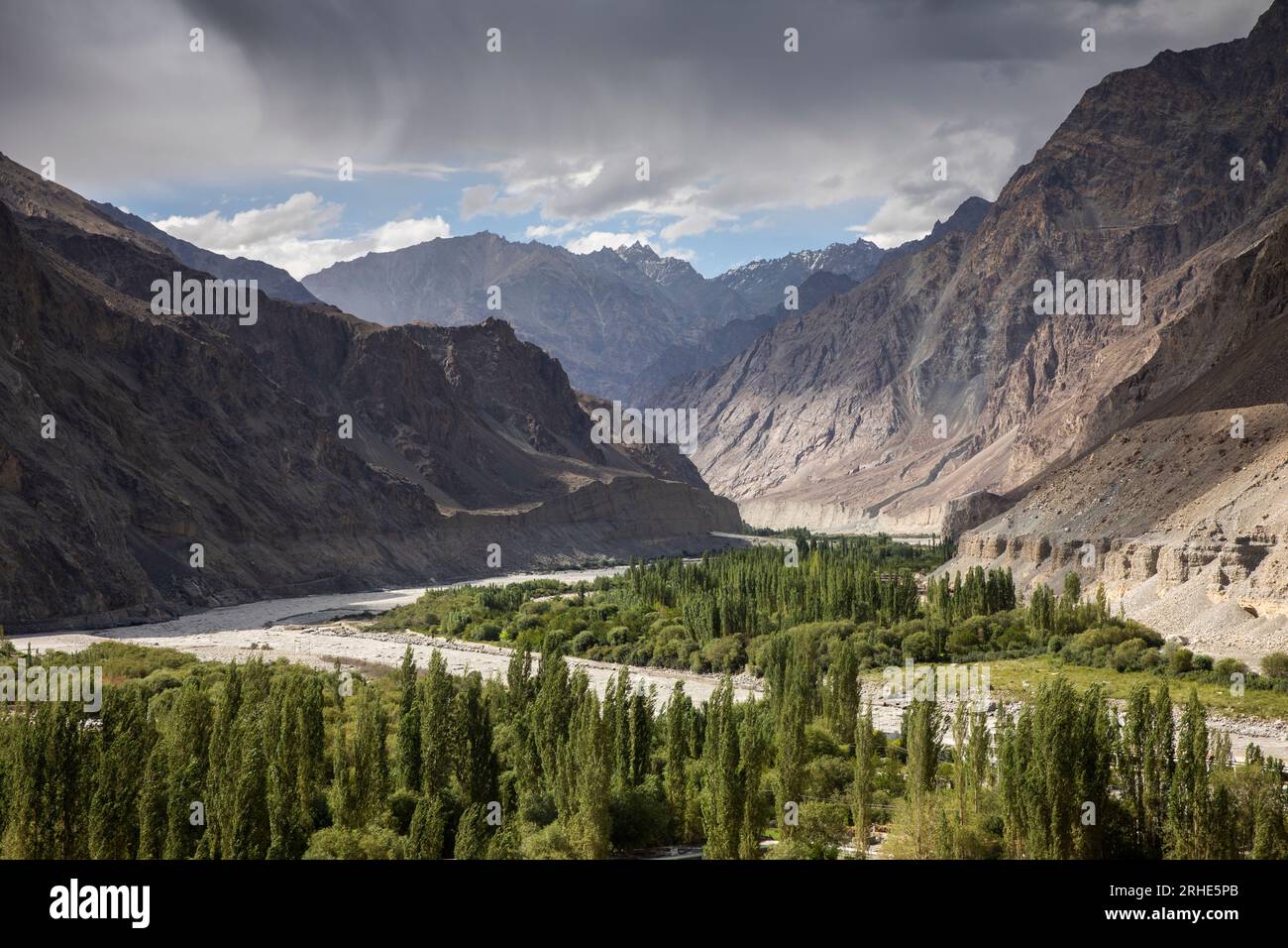India, Ladakh, Nubra Valley, Turtuk, Shyok River valley looking towards ...
