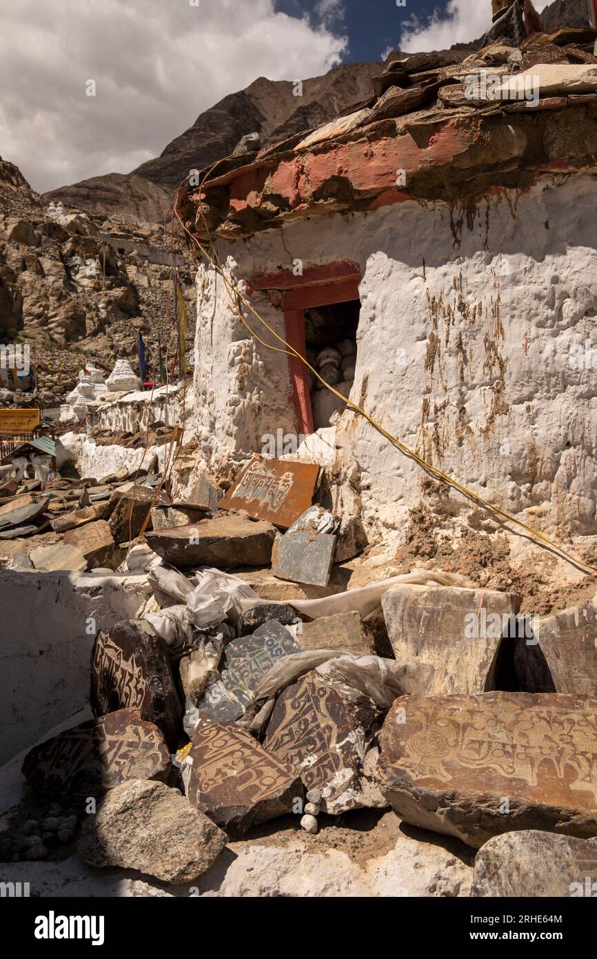India, Ladakh, Nubra Valley, Hunder Gompa, Skalzang Mani Wall, ancient ...