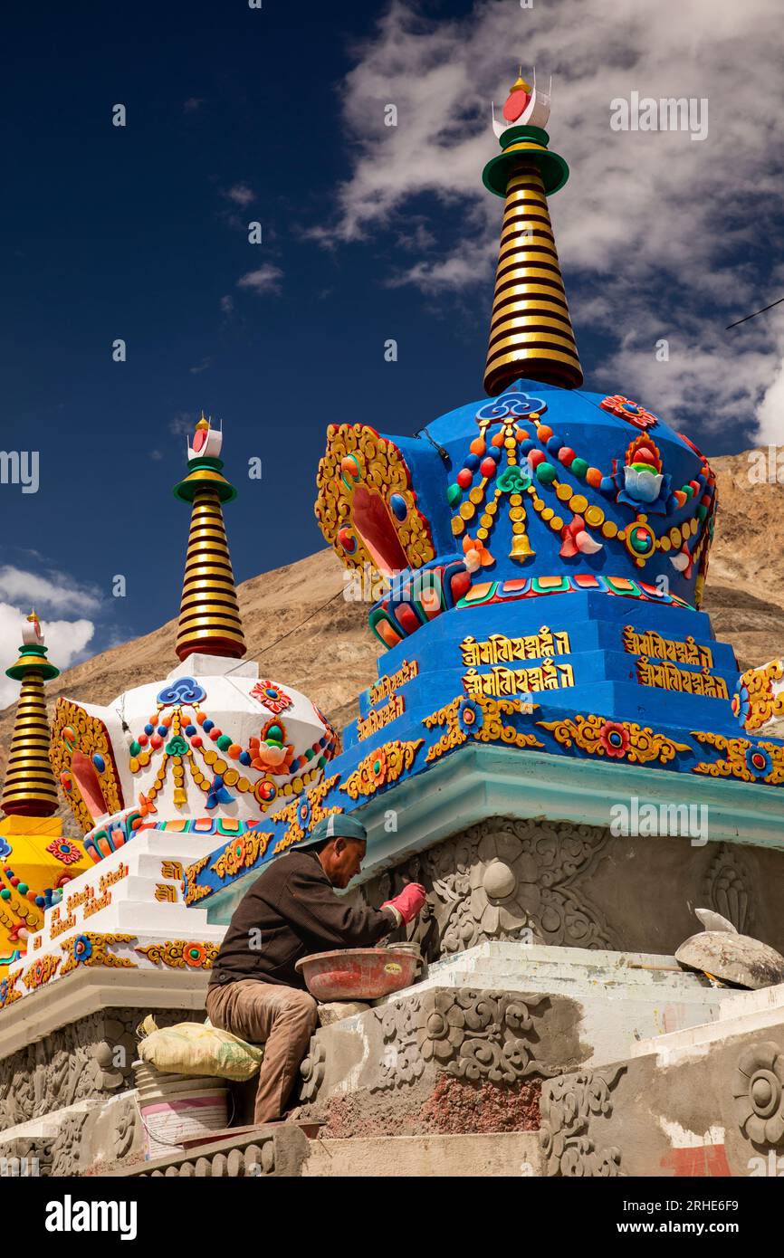India, Ladakh, Nubra Valley, Sumur, Pinchimik, base of new blue chorten ...