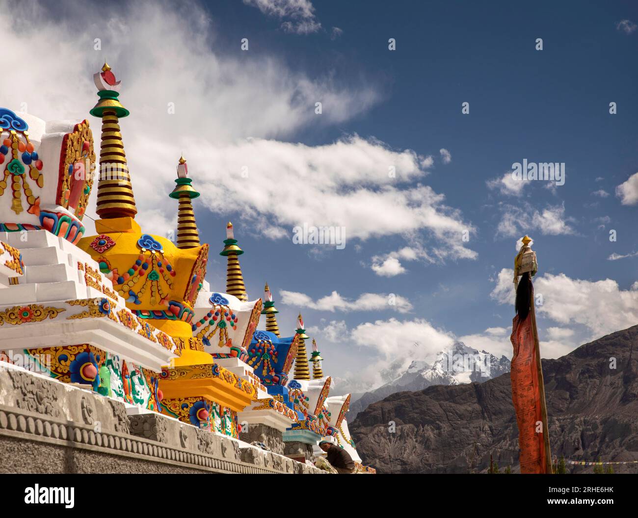 India, Ladakh, Nubra Valley, Sumur, Pinchimik, row of new chortens ...