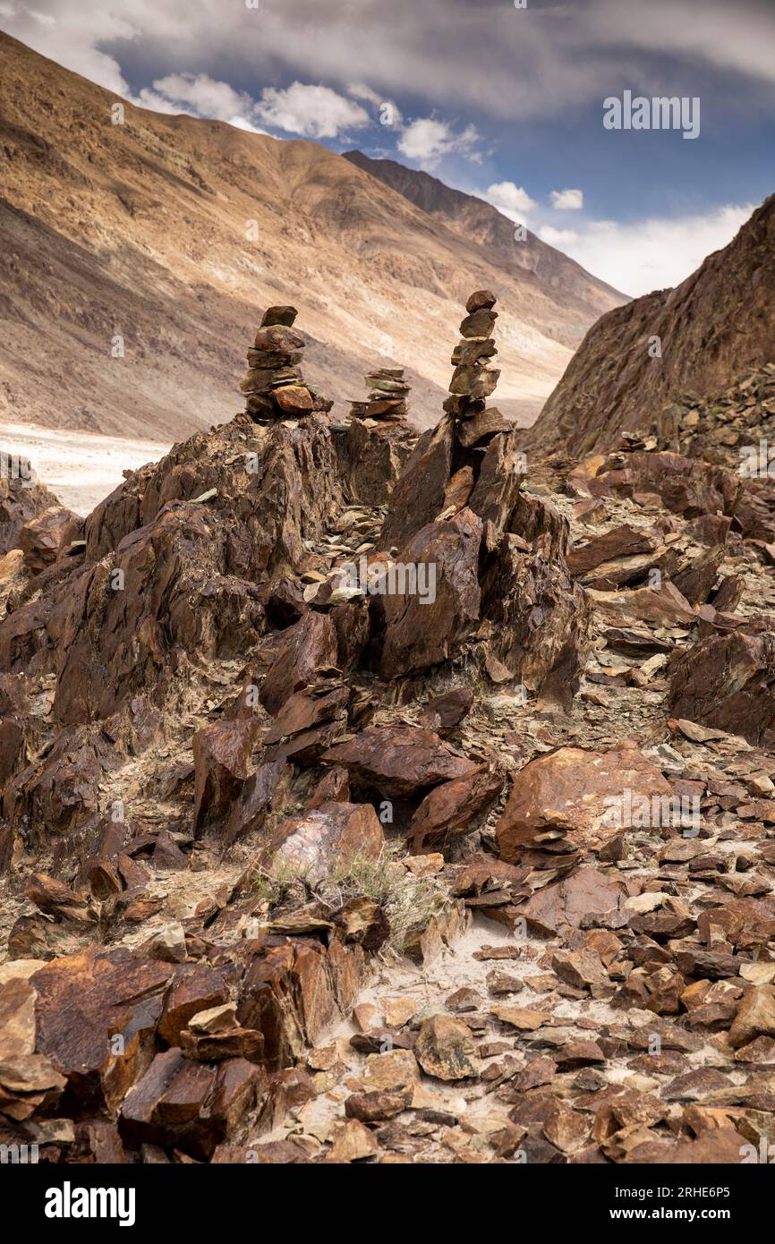 India, Ladakh, Nubra Valley, Yarab Tso, the ‘hidden lake’ stone cairn ...