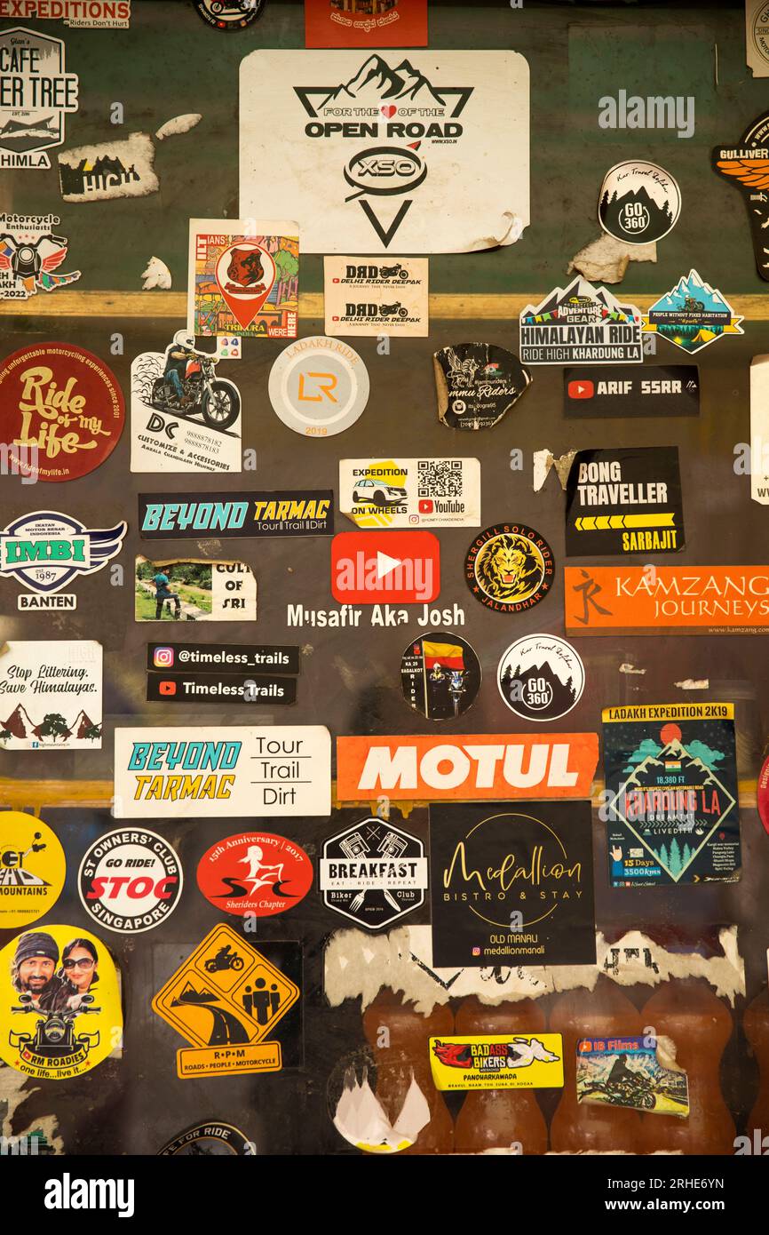 India, Ladakh, Nubra Valley, Tirit, motorcycle group stickers on ...