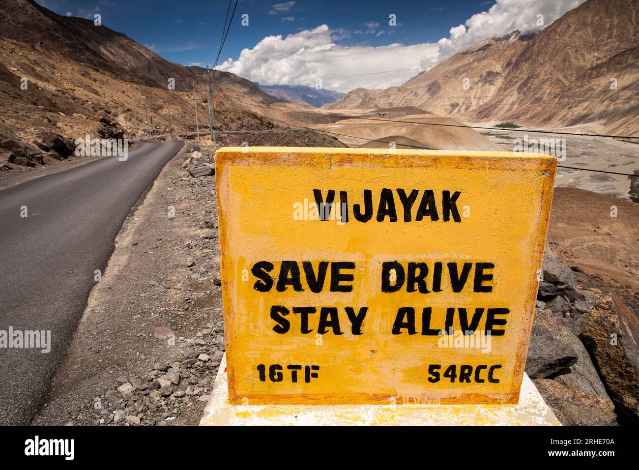 India, Ladakh, Nubra Valley, Khalsar, Safe Drive Stay Alive sign Stock ...