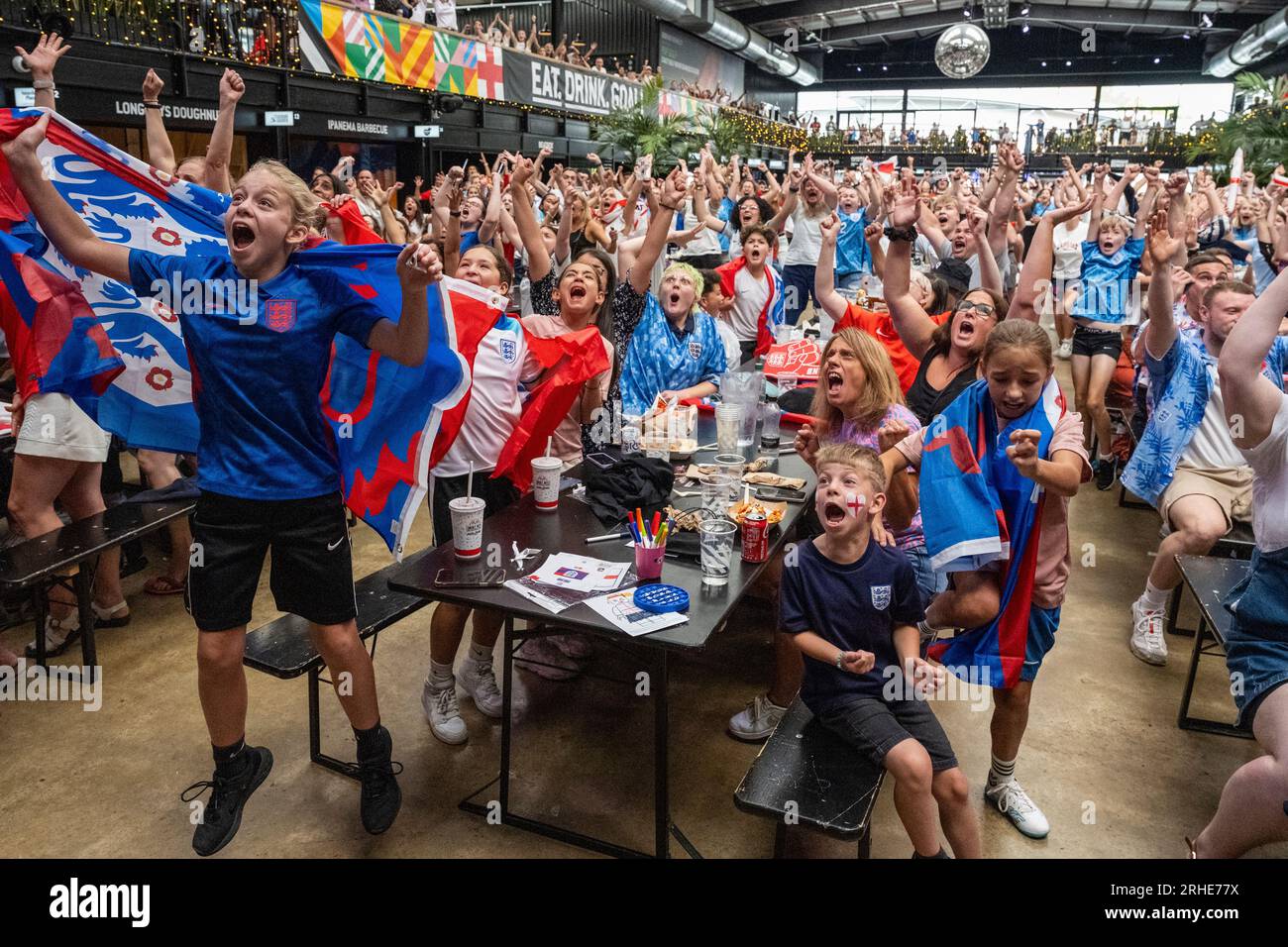 London, UK. 16 August 2023. England fans at BOXPARK Wembley Park ...
