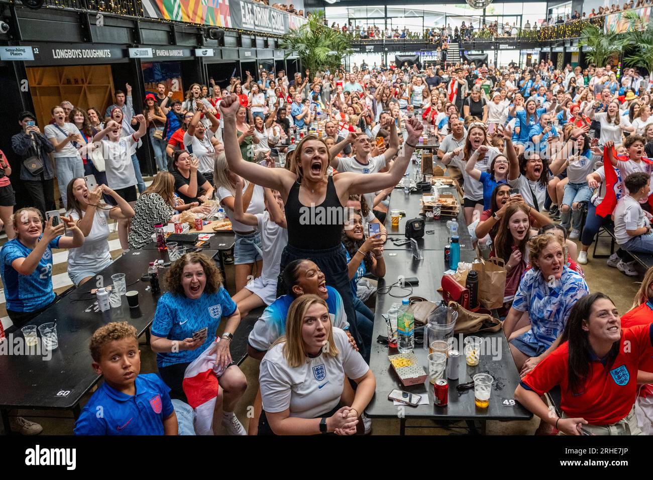 London, UK. 16 August 2023. England fans at BOXPARK Wembley Park ...