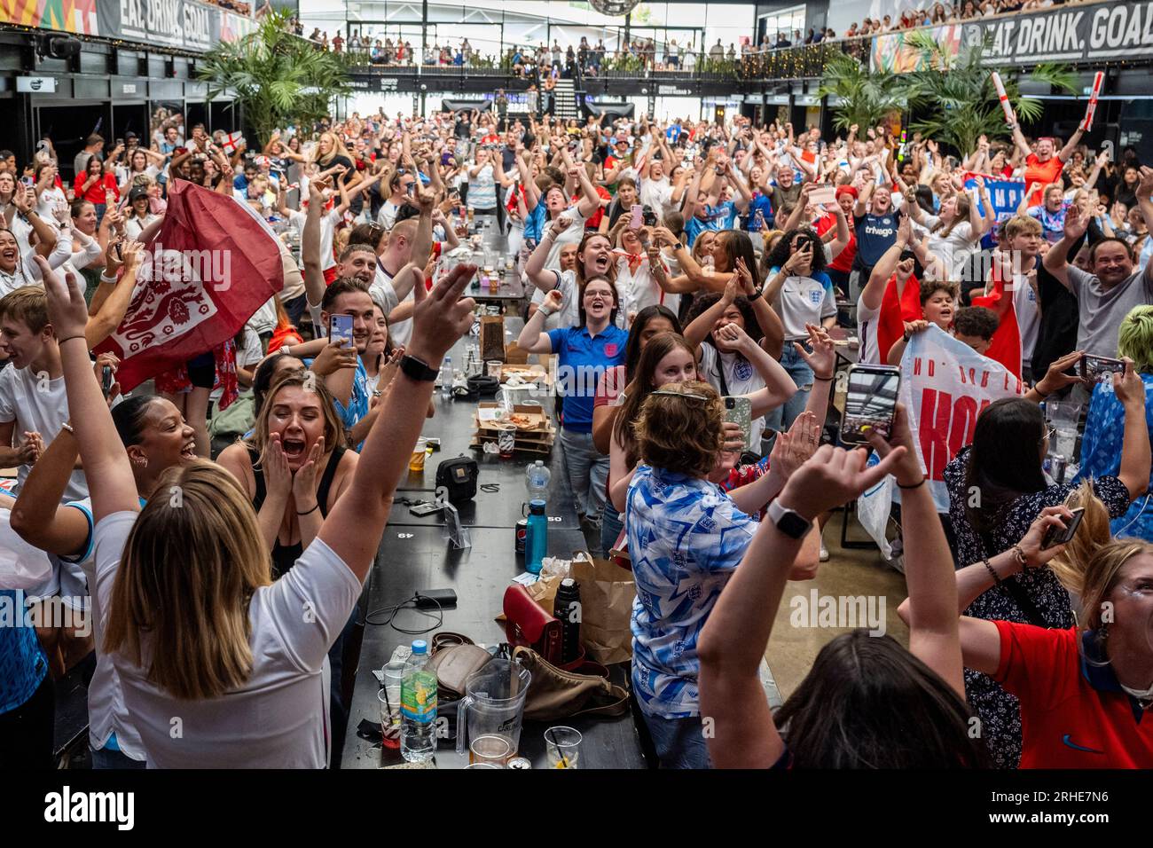 London, UK. 16 August 2023. England fans at BOXPARK Wembley Park ...