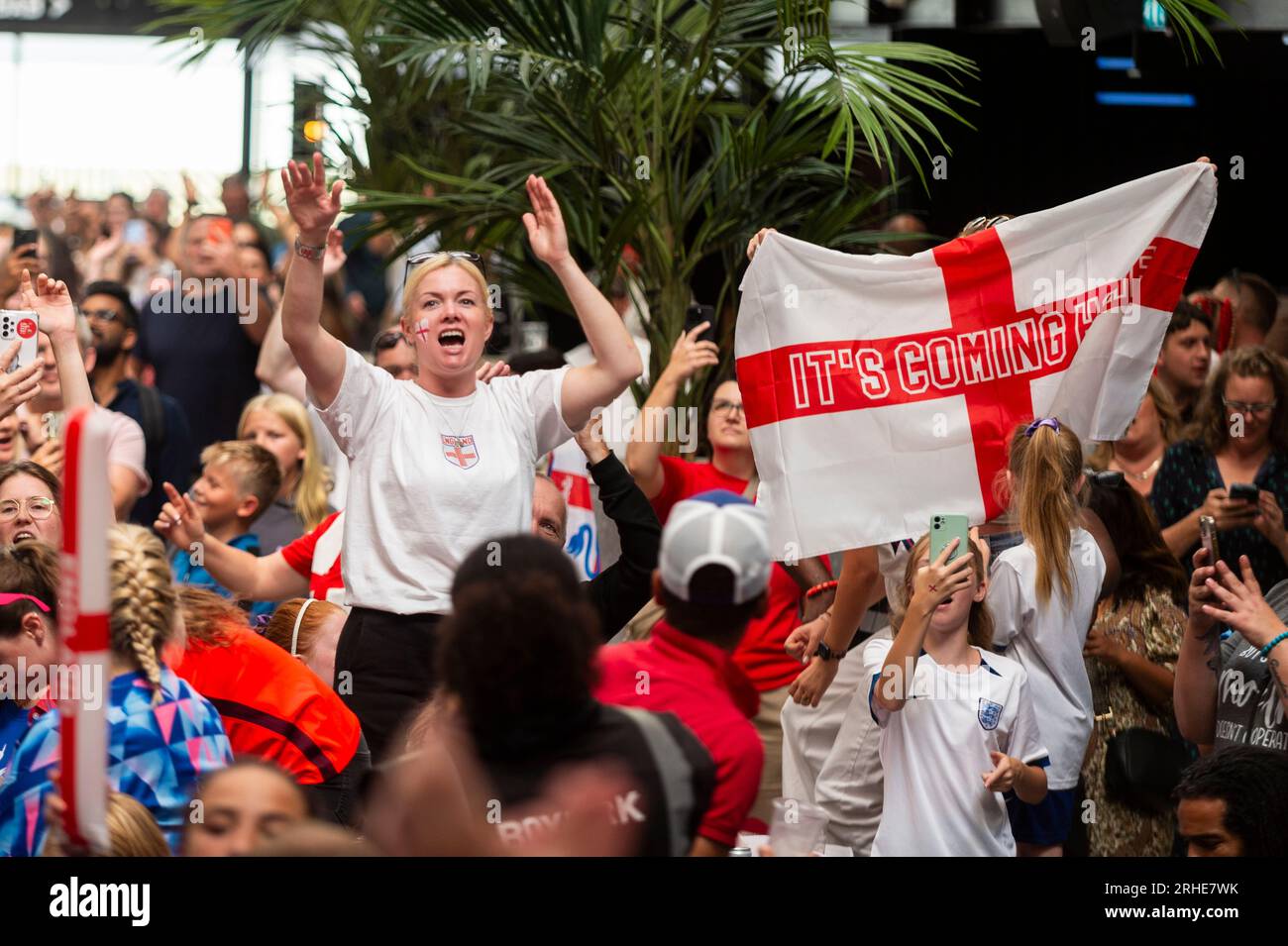 London, UK. 16 August 2023. England fans at BOXPARK Wembley Park ...