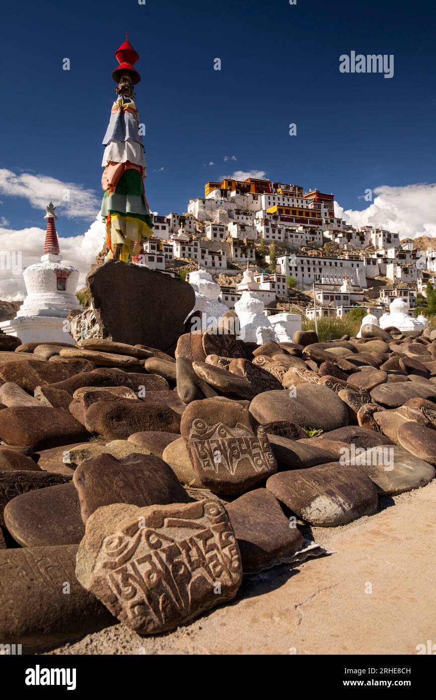 India, Ladakh, Leh Valley, Thiksey, Monastery Mani Wall, stones ...