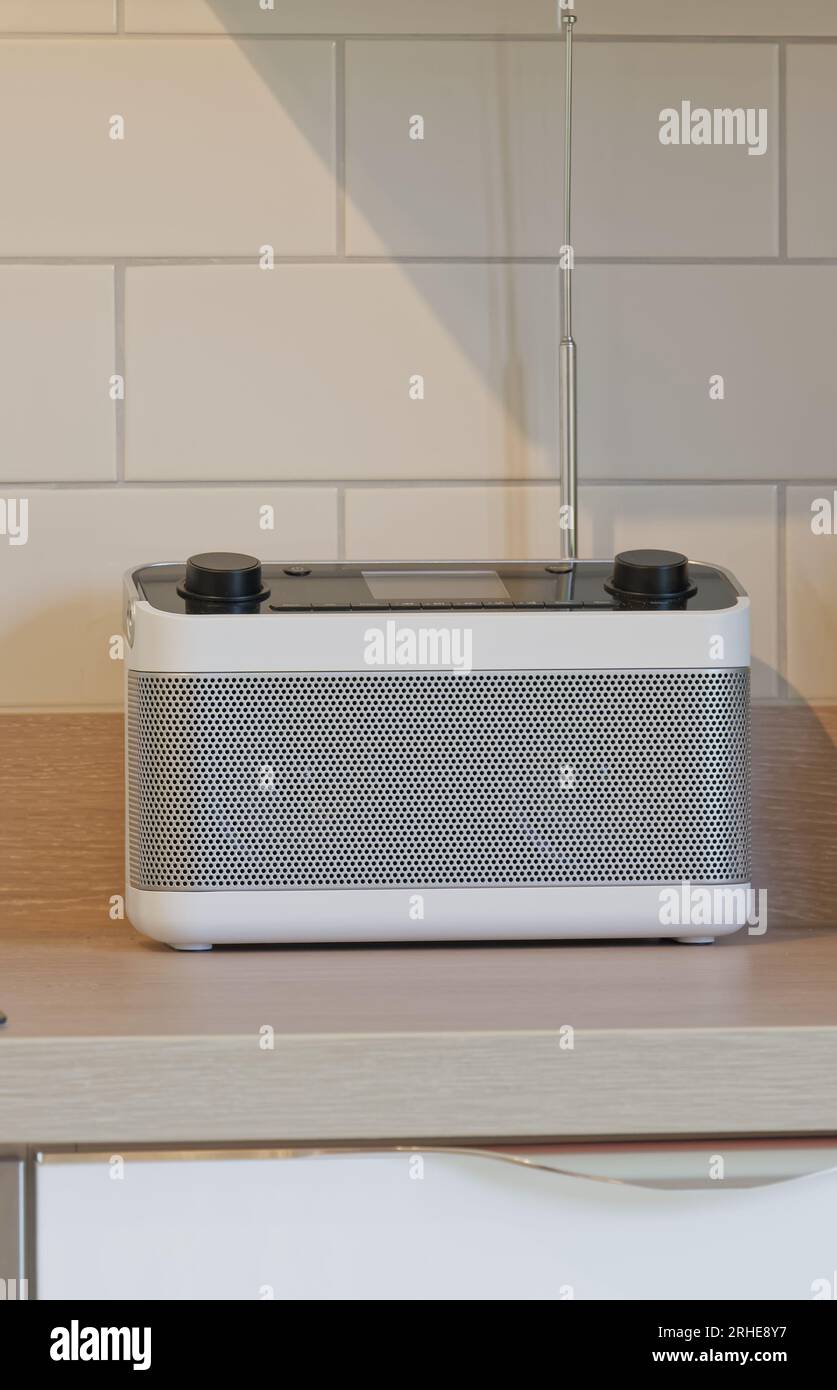 Kitchen interior neutral colour style and white radio Stock Photo - Alamy