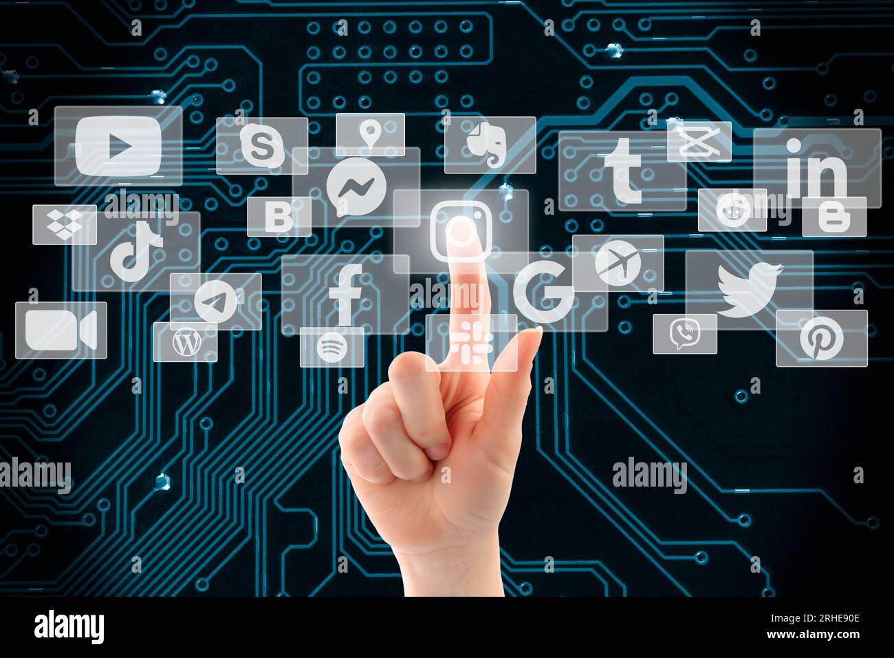 Woman hand pushing virtual social media icon on the circuit background ...