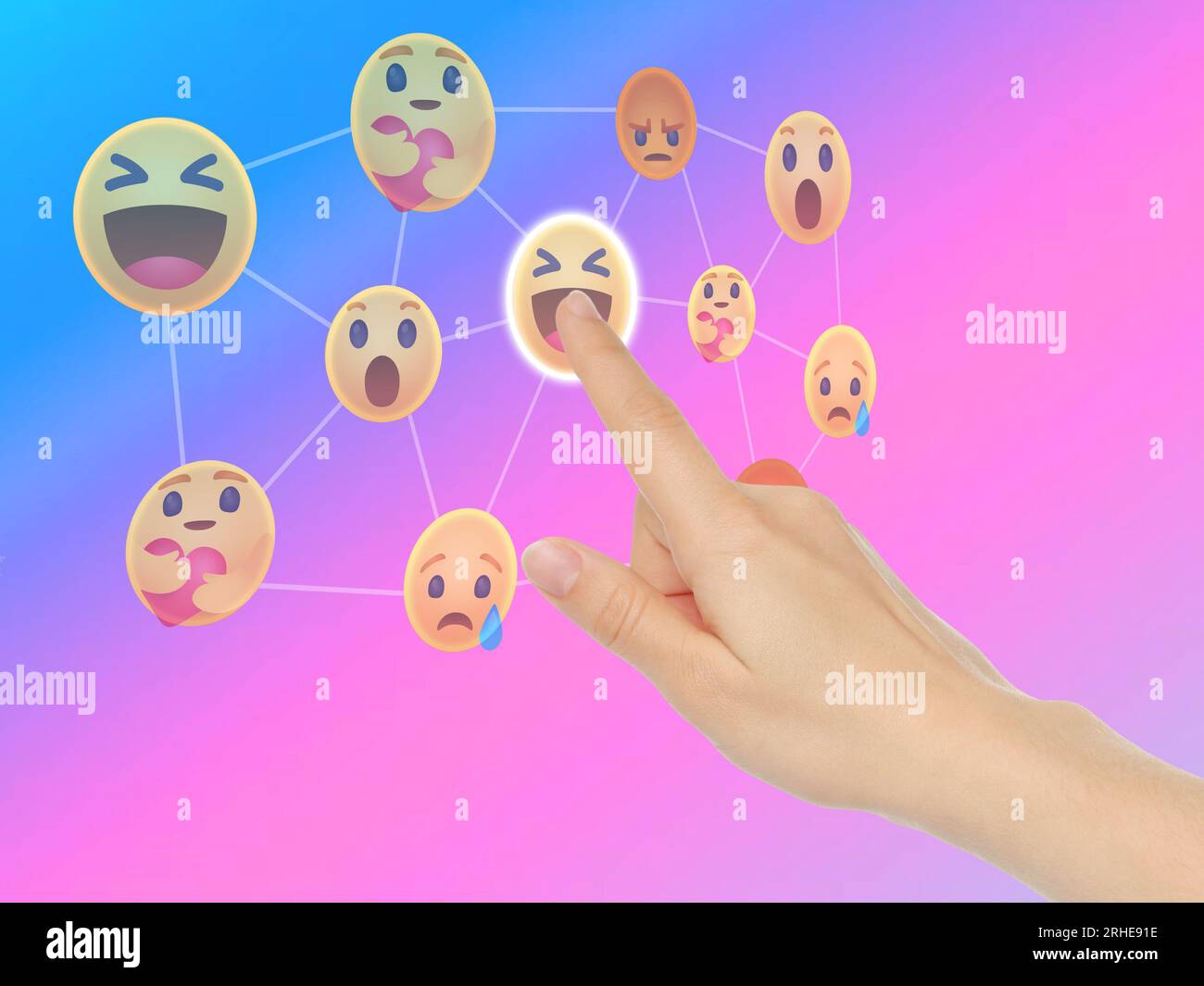 Woman hand pushing virtual emoji icon on a lilac blue background ...