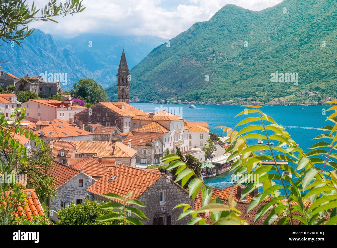 Aerial view of old town of Perast in the Bay of Kotor on Adriatic sea ...