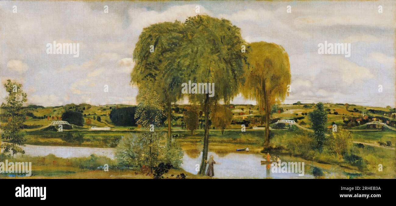 Arthur Bowen Davies, Along the Erie Canal, landscape painting in oil on ...