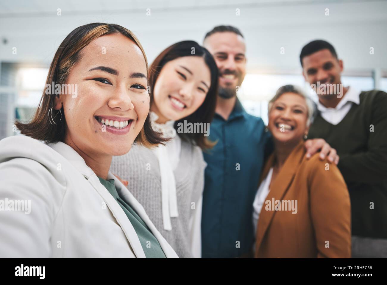 Selfie, portrait and group of business people smile in office for ...