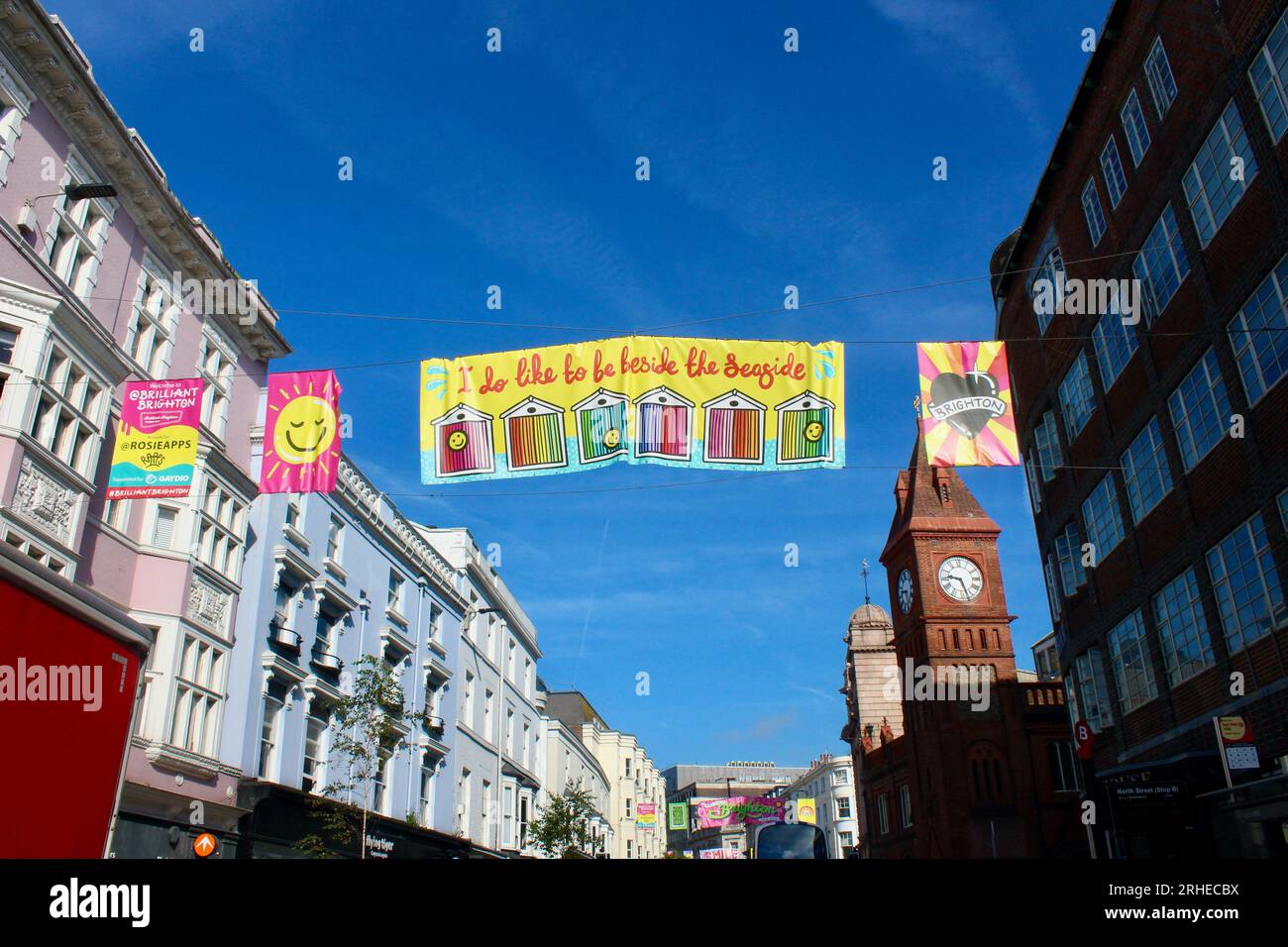 colourful hanging banners in north street brighton sussex england uk ...