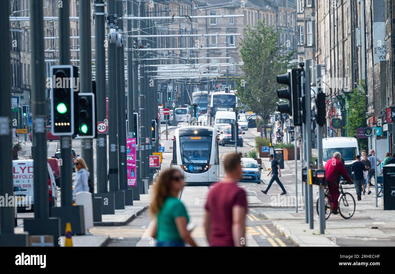 Edinburgh tram running on Leith Walk in Leith, Edinburgh, Scotland, UK ...