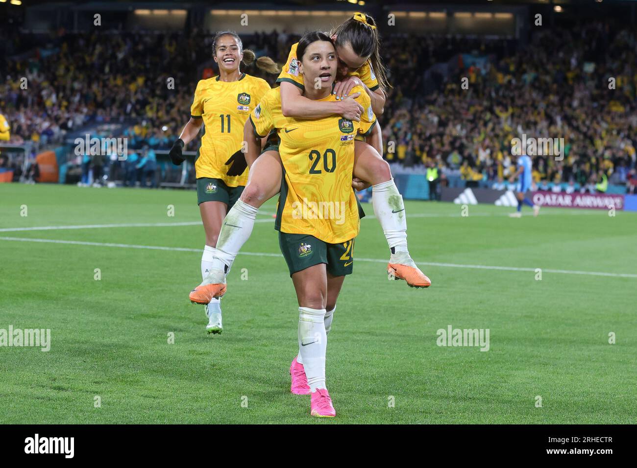Sydney, Australia. 16th Aug, 2023. Sam Kerr of Australia gives Hayley Rasso of Australia a piggy ...