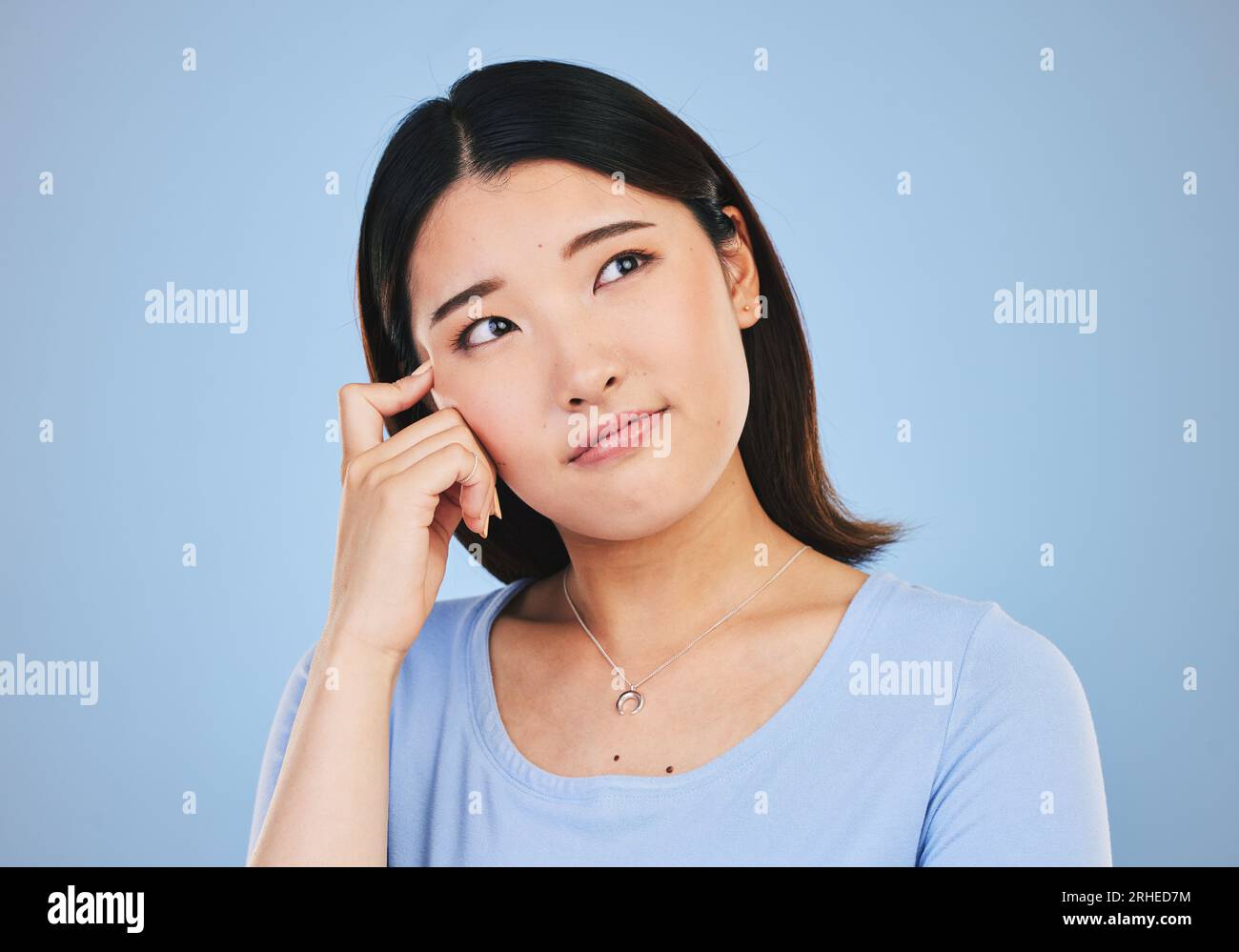 Decision, thinking and Asian woman with ideas, choice and problem ...