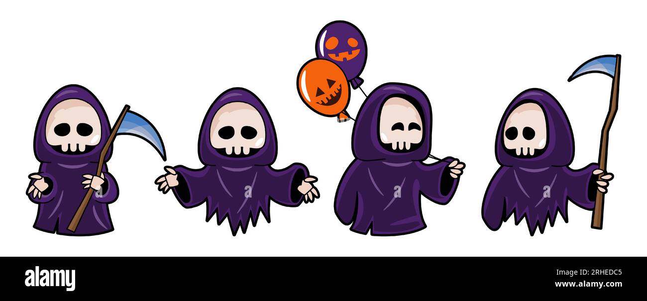 Set of cute Grim reaper cartoon characters . Halloween concept ...