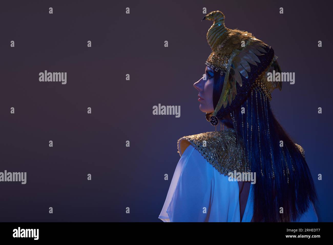 Side view of stylish woman in egyptian headdress standing on brown ...