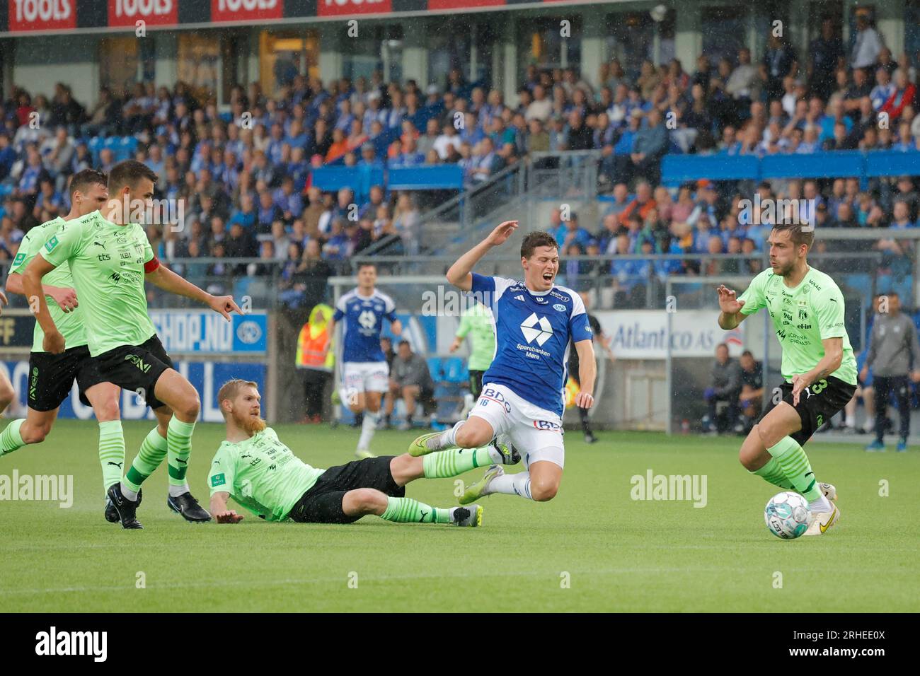 Molde 20230815.Molde's Emil Breivik in a duel with Klaksvik's Heini ...
