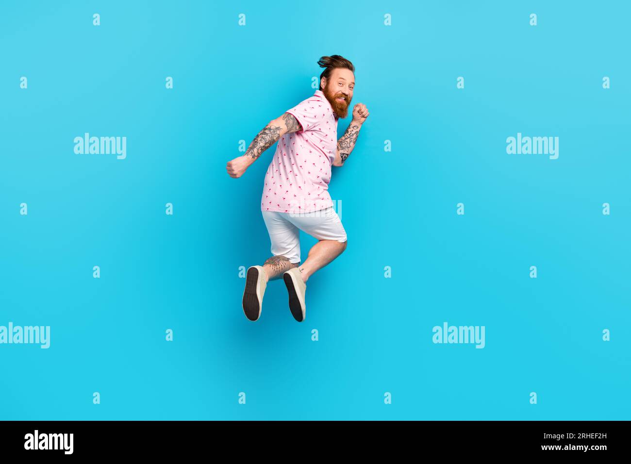 Full length profile rear photo of excited person jumping rush empty ...