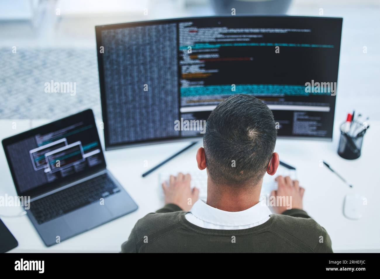 Programmer Computer And Developer Man For Coding Software Script Or Cyber Security Behind