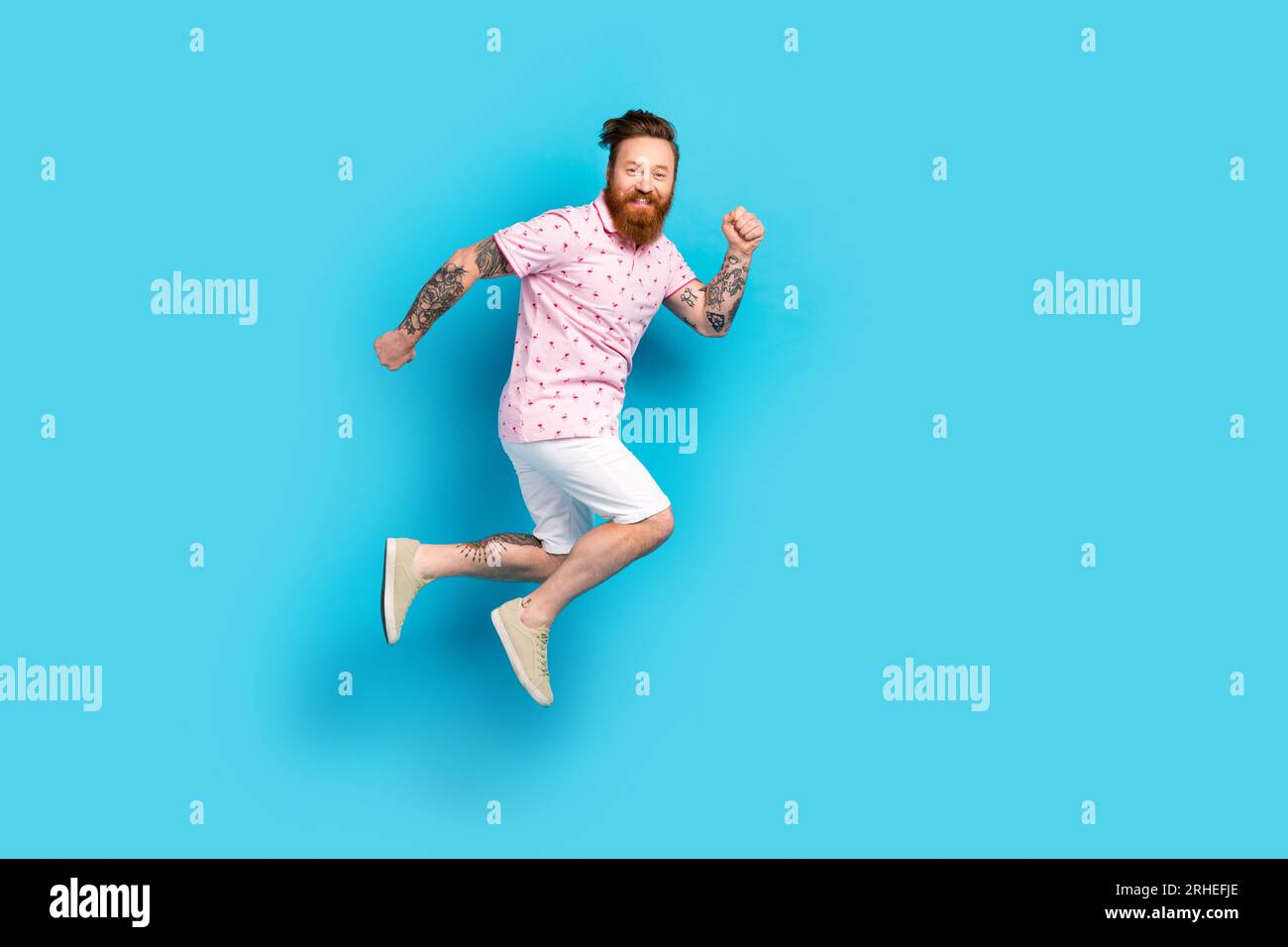 Full size profile photo of excited energetic person jumping rush empty ...