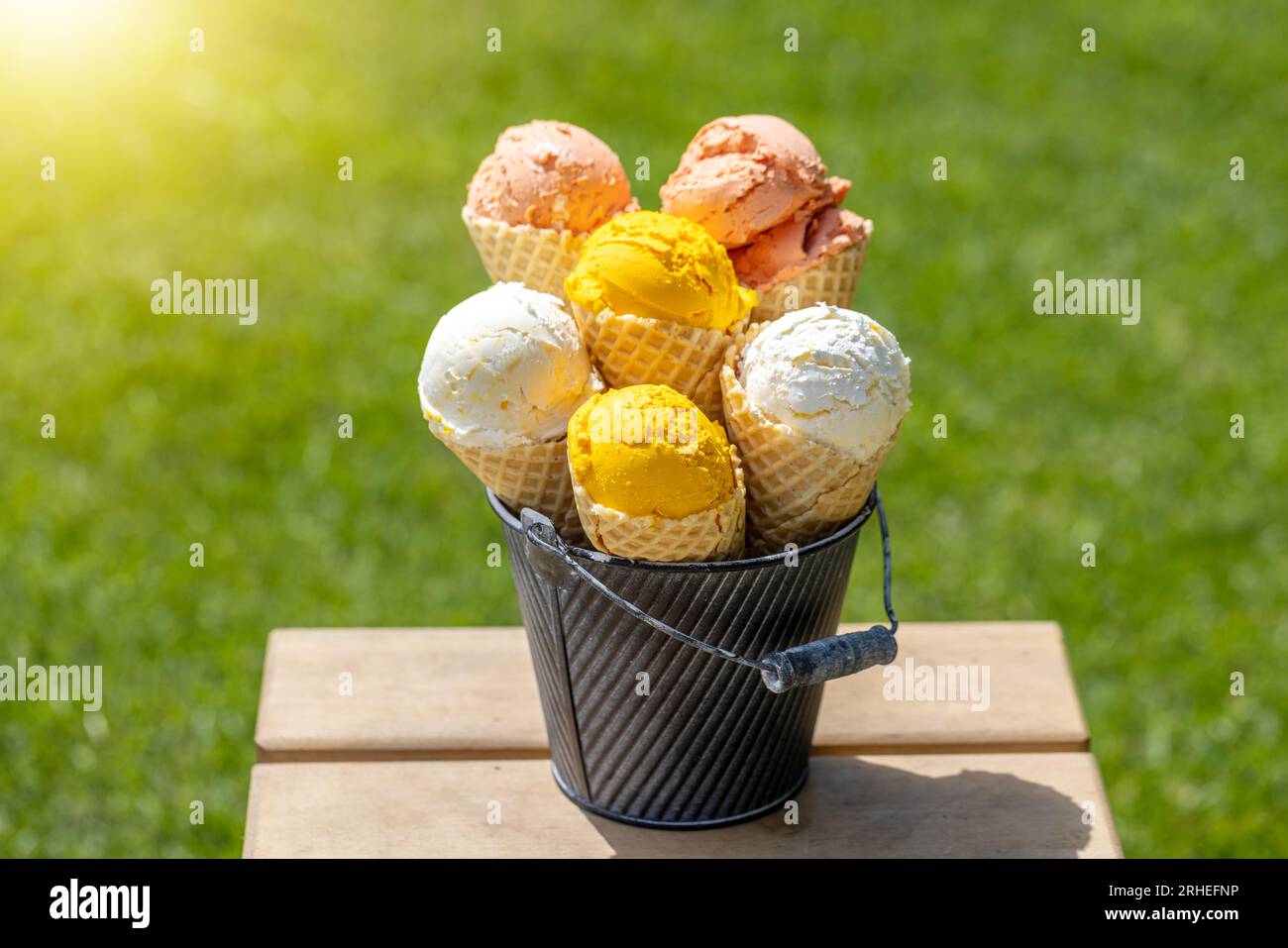 Assorted ice cream flavours in delightful waffle cones, a treat for ...