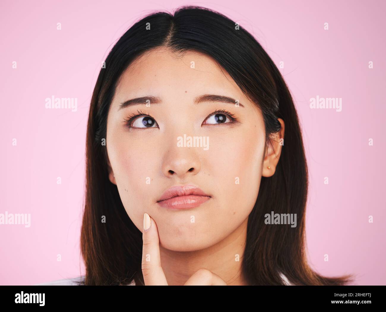 Beauty woman, thinking and confused, ideas and cosmetics decision or ...