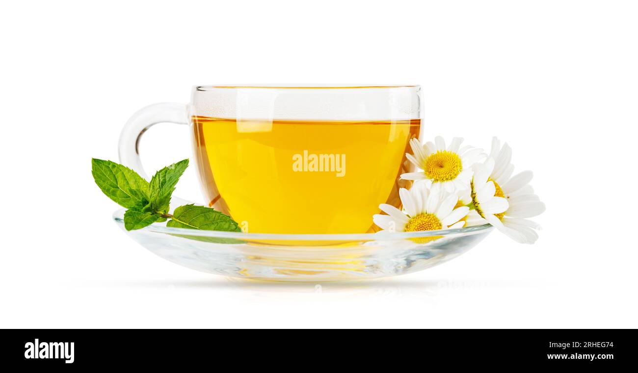 Soothing herbal tea blend with mint and chamomile. Isolated on white ...