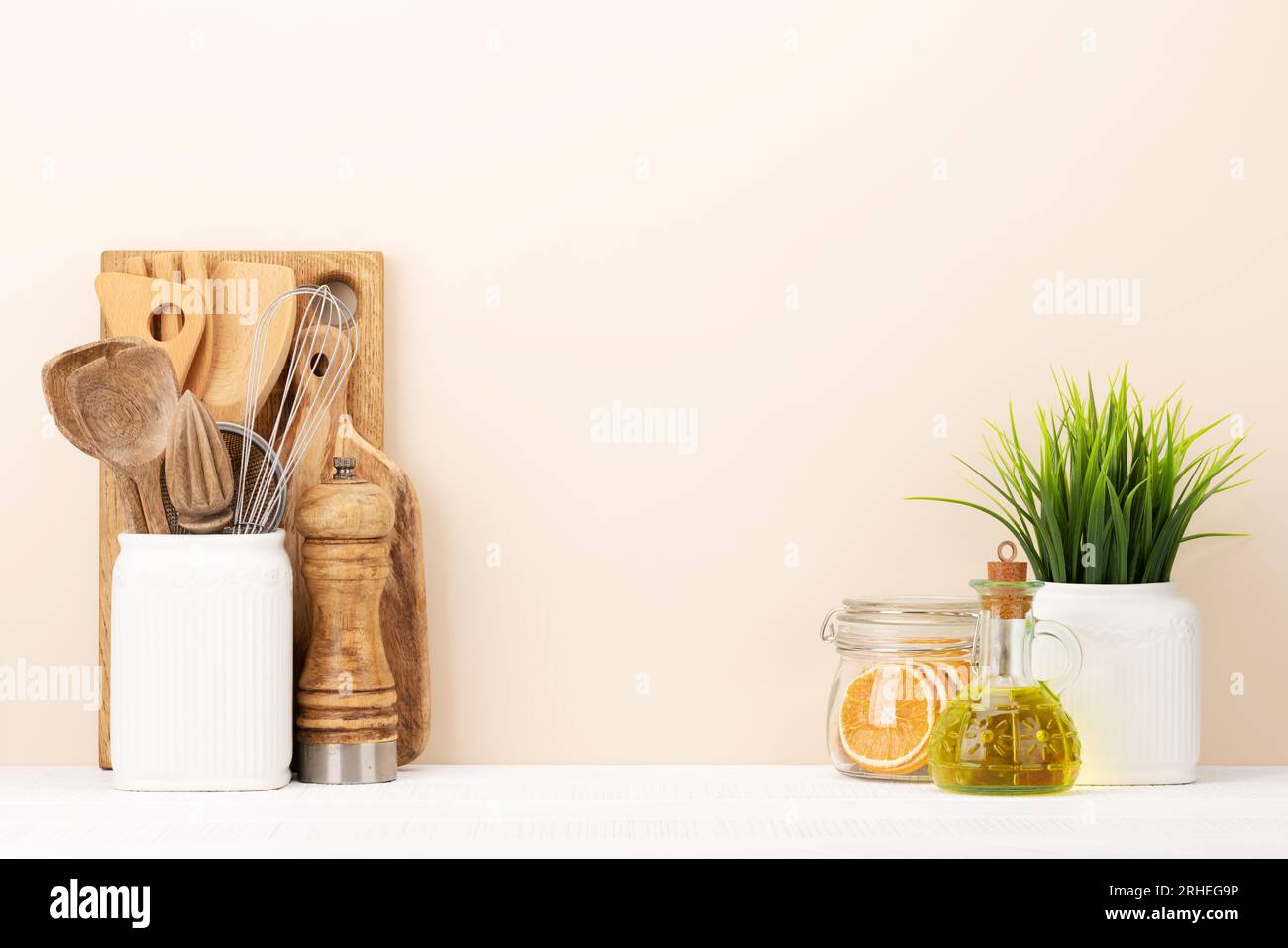 Kitchen utensils on wooden table. Front view with copy space Stock ...