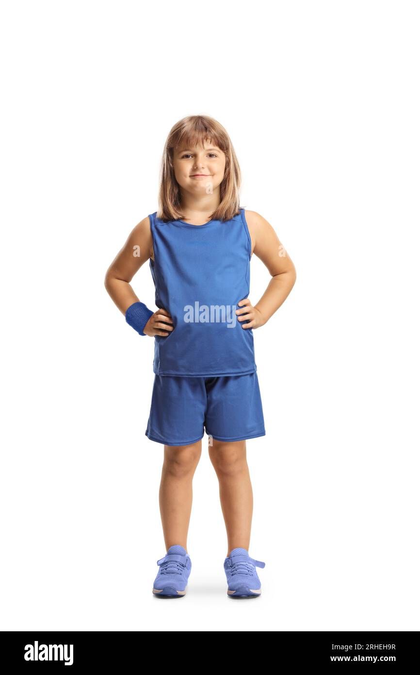 Full length portrait of a girl wearing a blue basketball jersey ...
