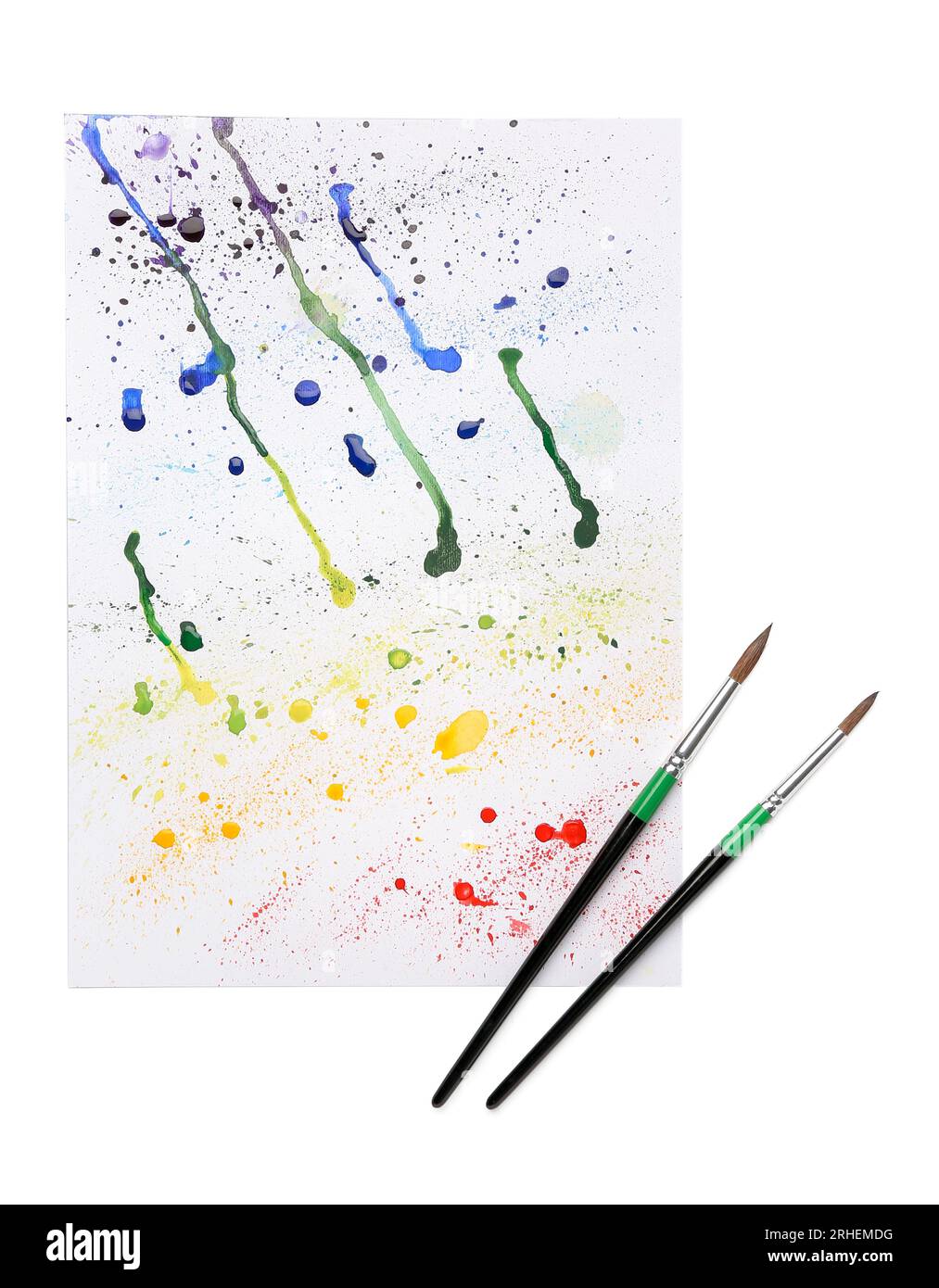Paper sheet with paints strokes and brushes on white background Stock ...