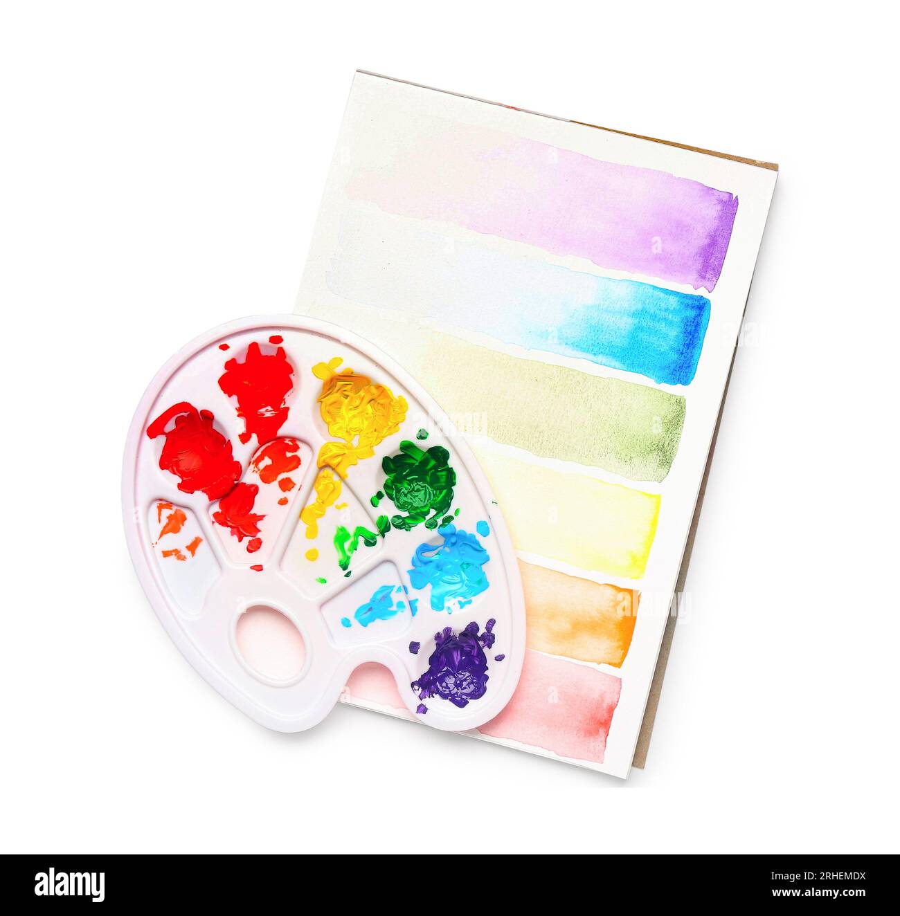 Palette and paper sheet with paints strokes on white background Stock ...