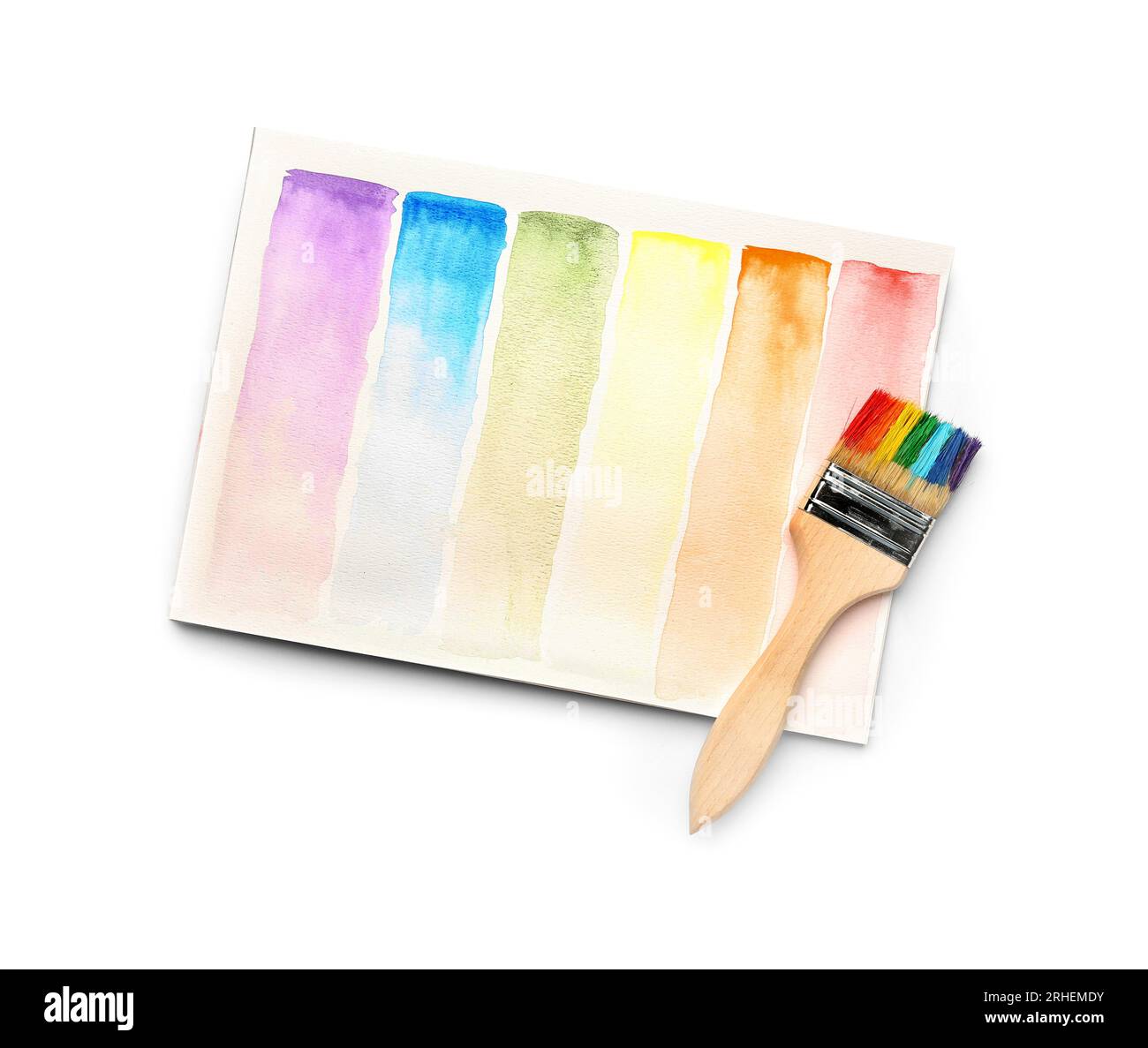 Brush and paper sheet with paints strokes on white background Stock ...