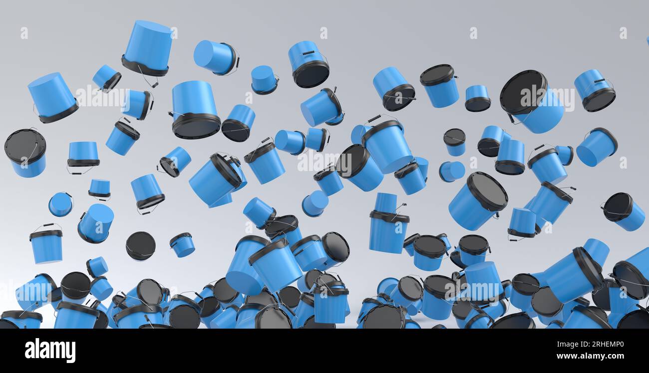 Many of flying plastic cans or buckets on white background Stock Photo ...