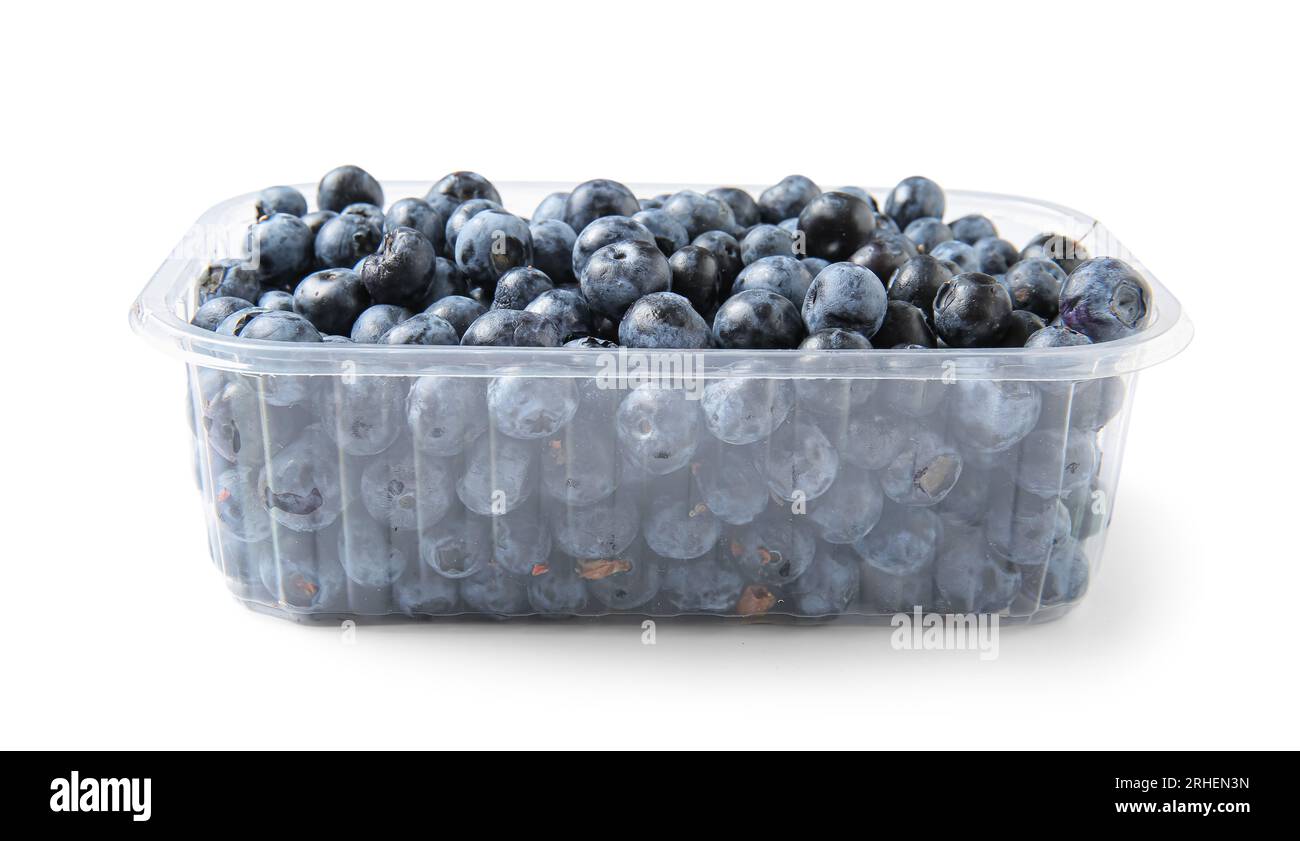 Plastic container with fresh blueberry on white background Stock Photo ...