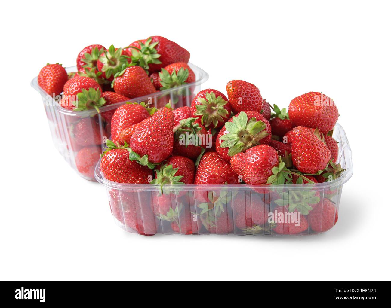 Plastic containers with fresh strawberry on white background Stock ...