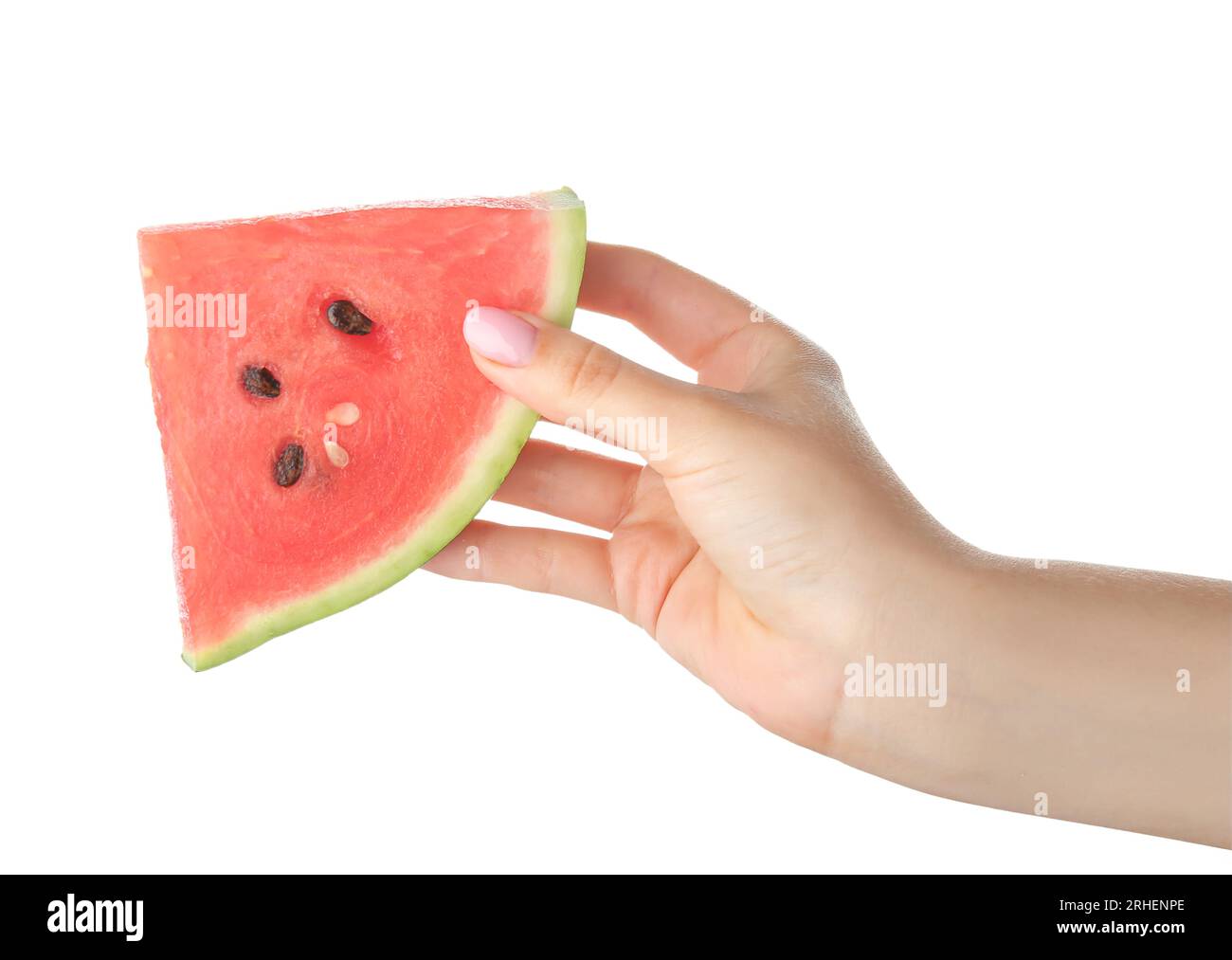 Female hand with piece of ripe watermelon on white background Stock ...