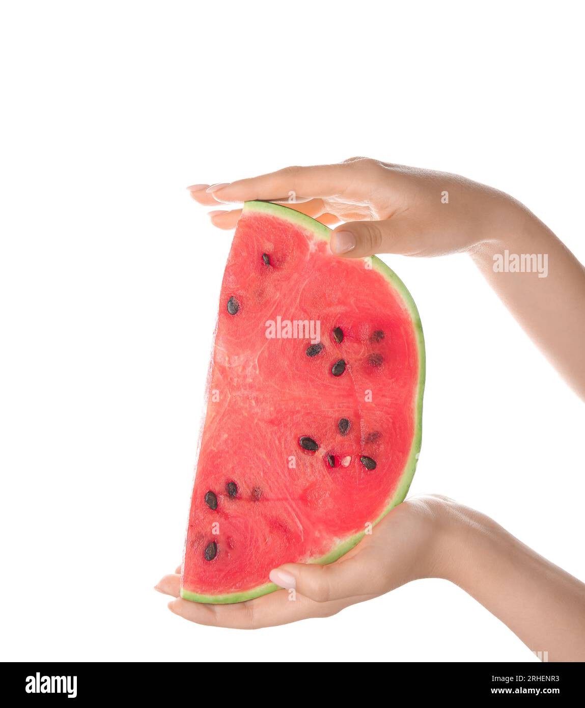 Female hands with piece of ripe watermelon on white background Stock ...