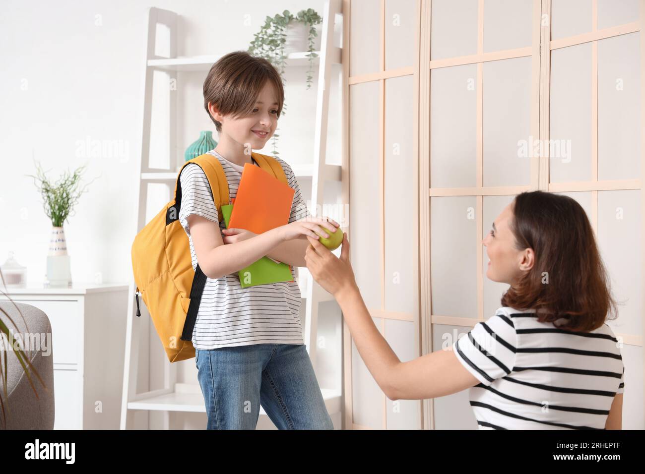 Mother giving fresh apple to her son for school Stock Photo - Alamy