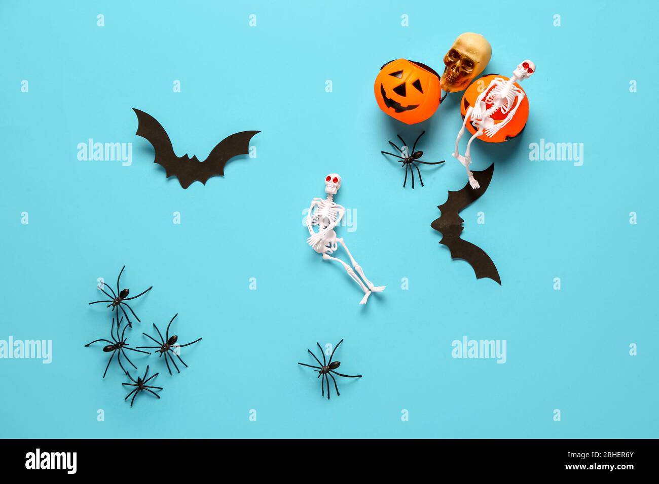 Composition with skeletons, skull, pumpkins, paper bats and spiders for ...