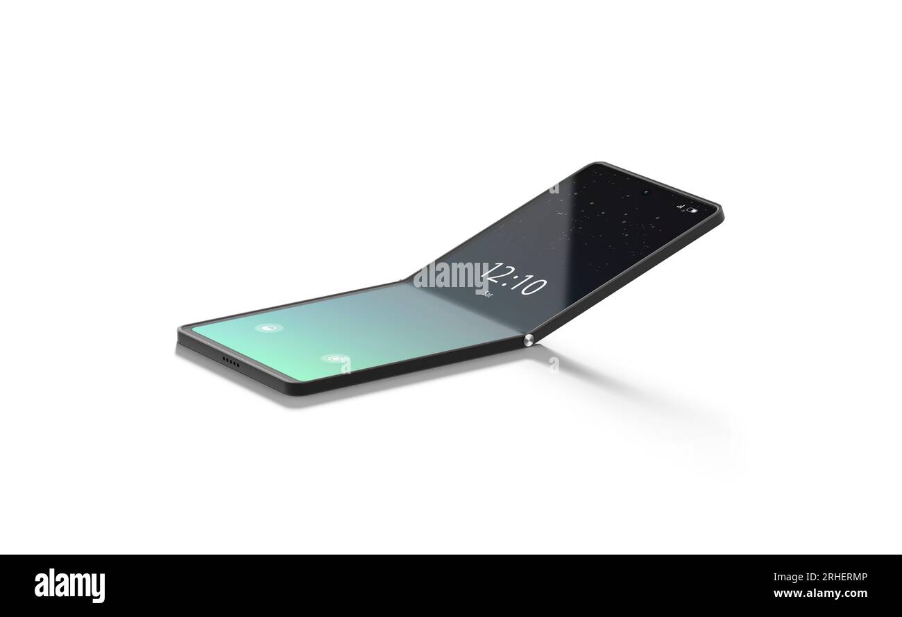 Blank turned on flexible clamshell phone display half folded mockup, 3d ...