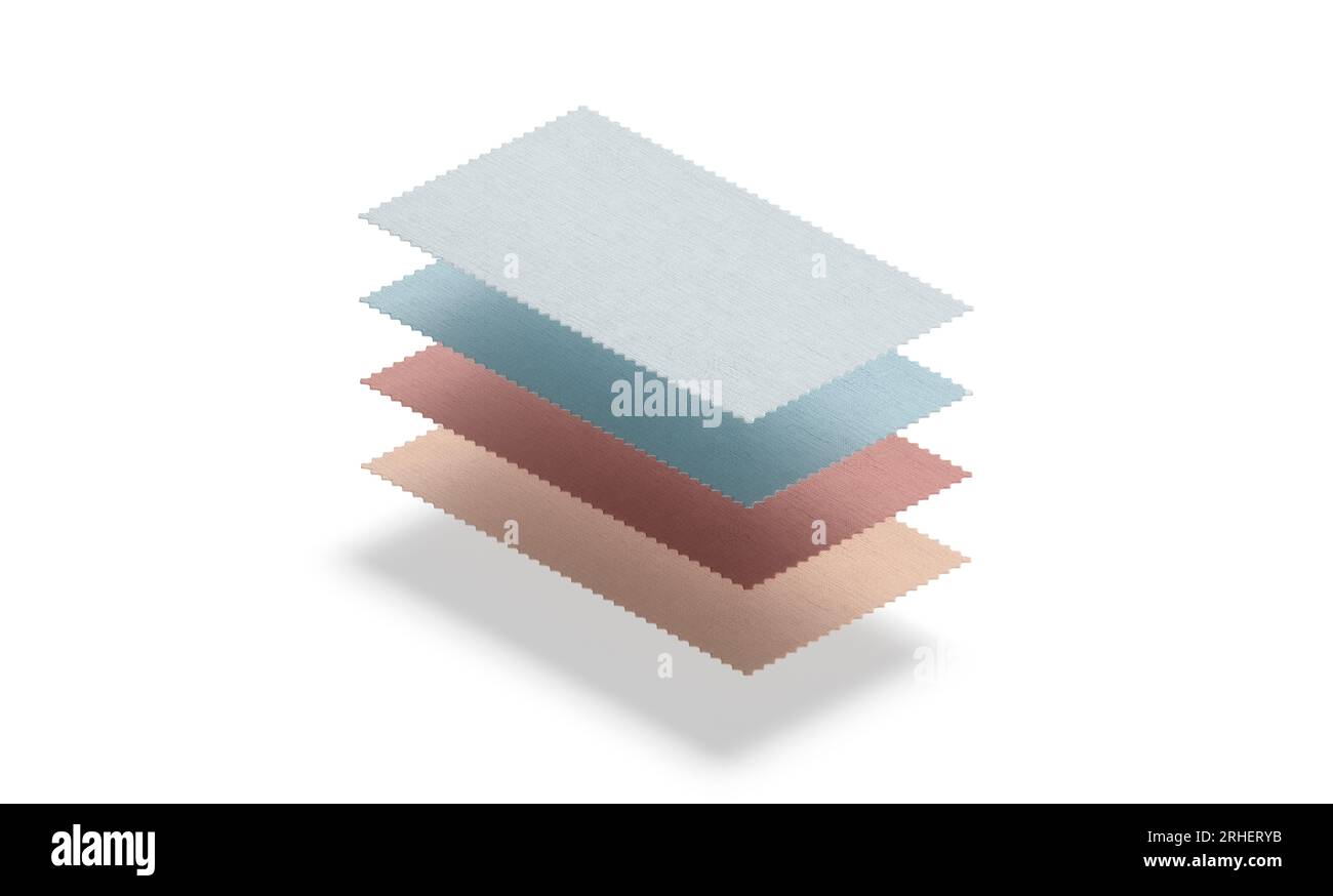 Blank colored textile material layers mockup, isolated, 3d rendering. Empty fabric swatch ...