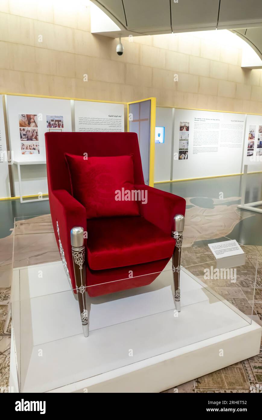 A chair that Pope Francis used in 2022 at Bahrain Forum for dialogue ...