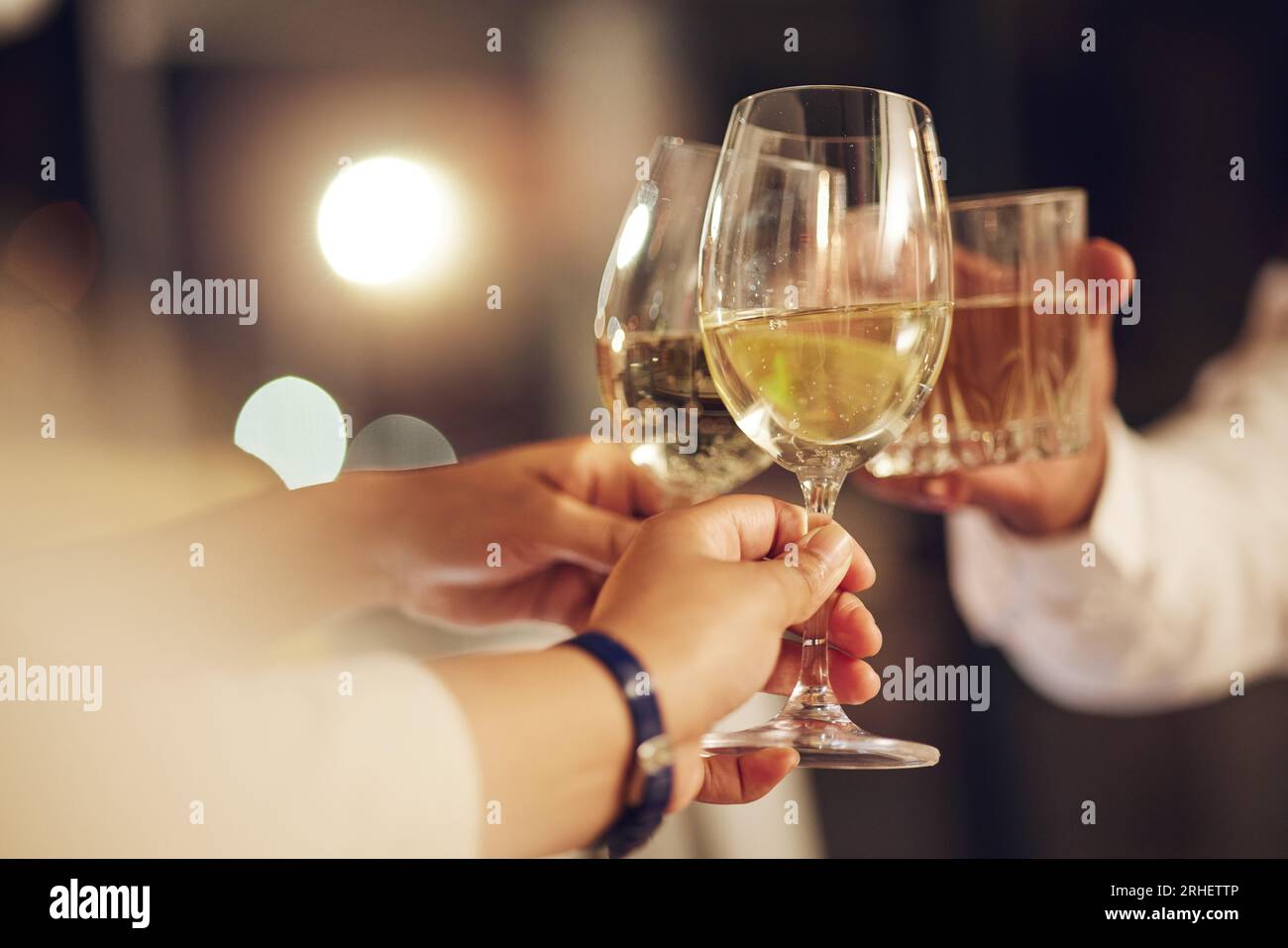 Celebration, people hands and toast alcohol drinks for achievement ...