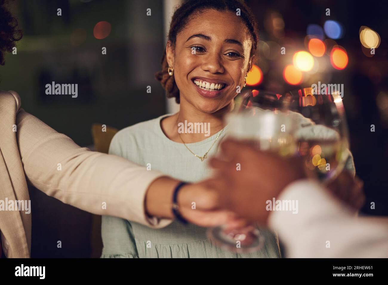 Dinner party, happy woman or friends toast alcohol for birthday support ...