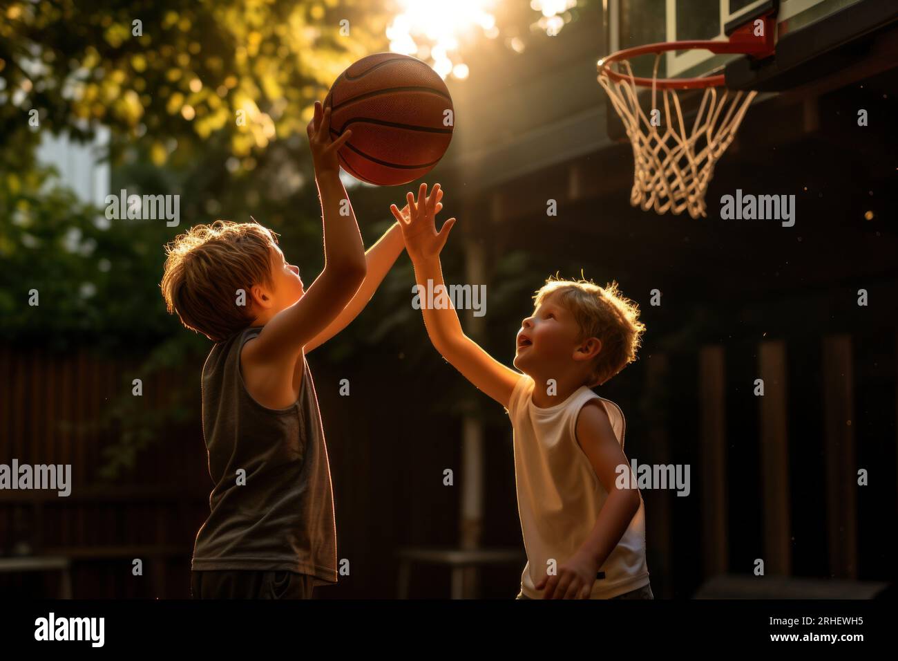 Kids Playing Basketball Outside In Driveway